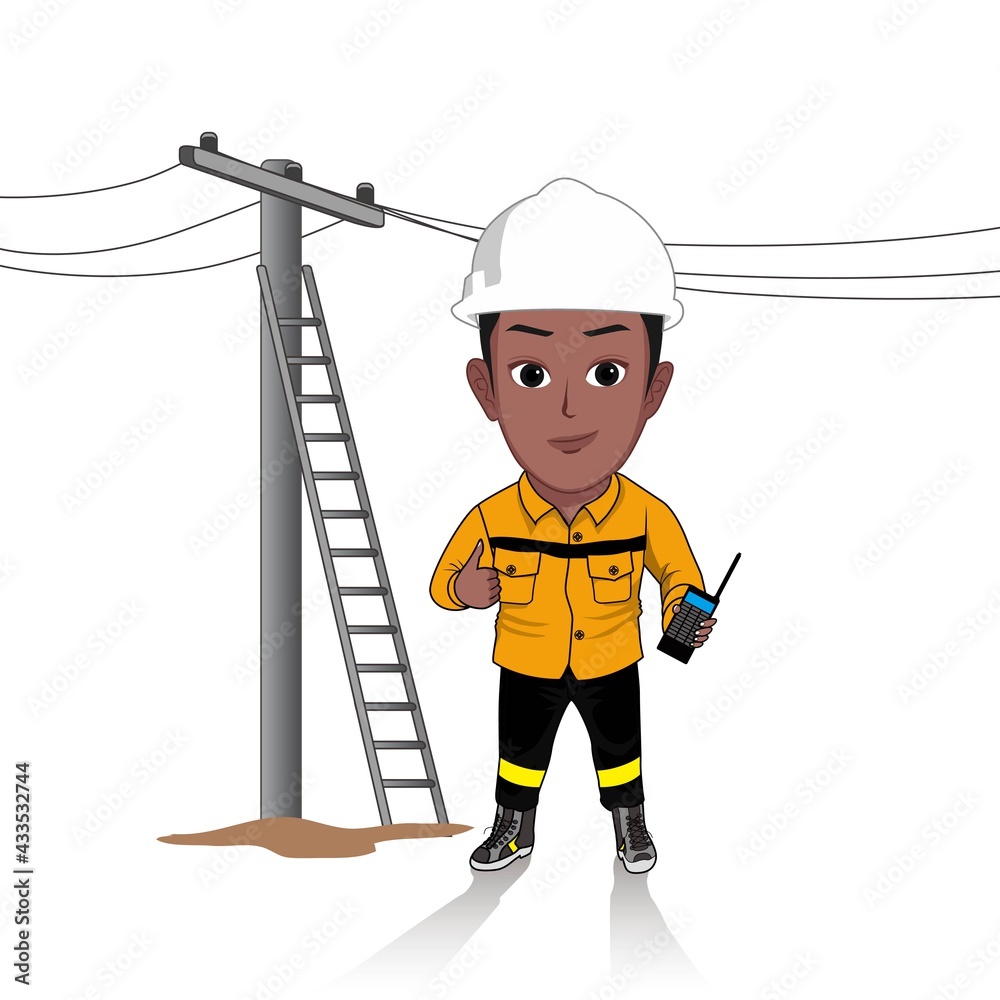 cartoon caricature vector illustration of an electrician posing in a ...