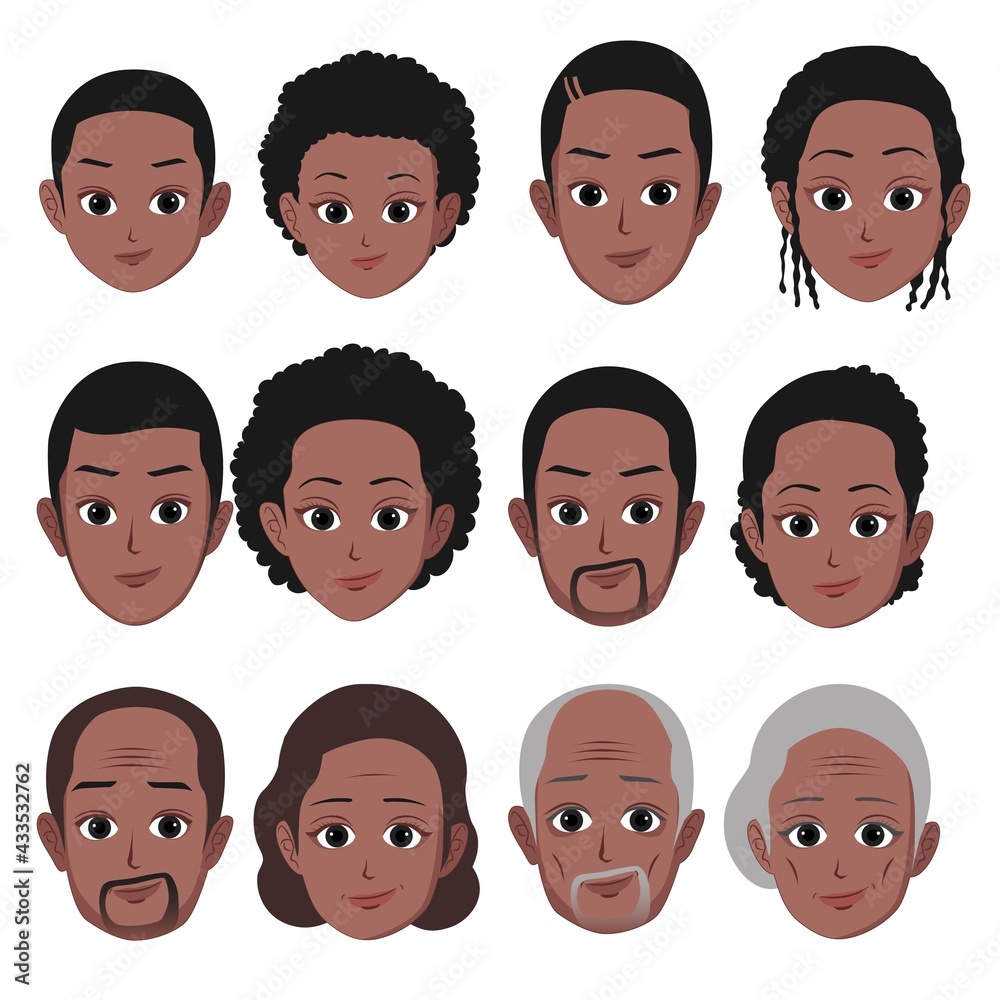 vector illustration of cartoon caricature of various faces from african ...