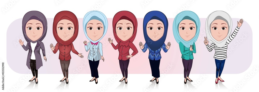 Vector illustration of cartoon caricature of group of Muslim women in ...