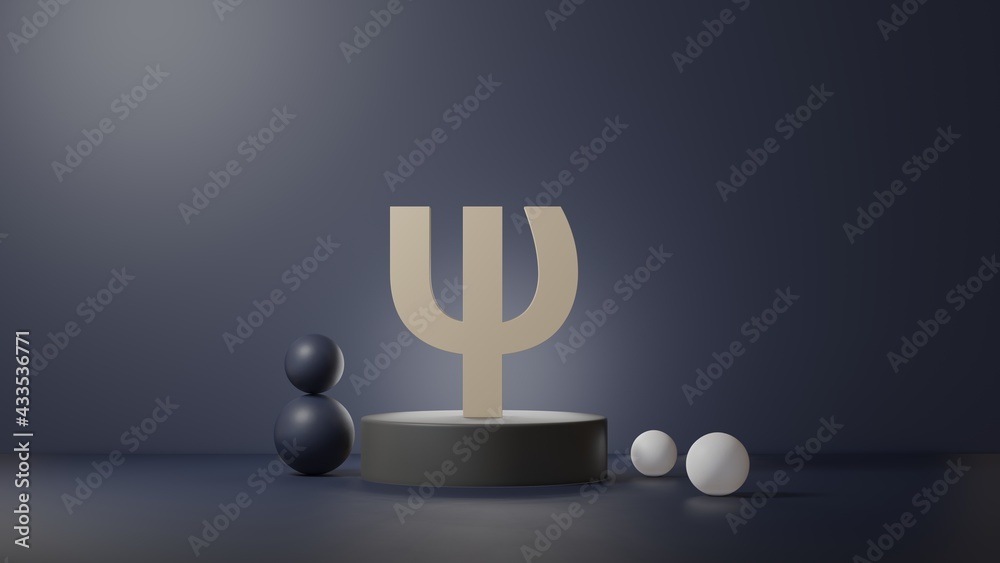 Psi physics symbol in podium and dark blue background. 3D Illustration ...
