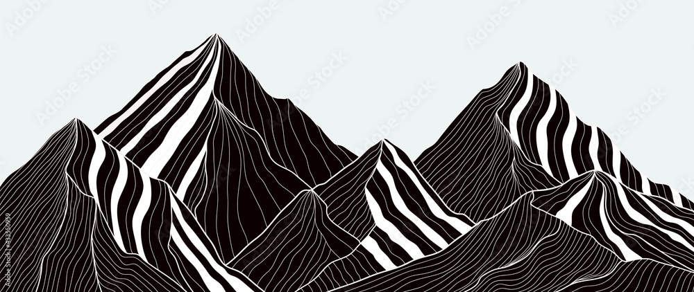 Black and white mountain line arts wallpaper, luxury landscape ...