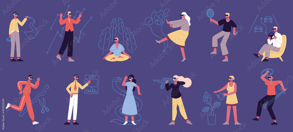 People in virtual reality. Male and female characters in vr headset ...