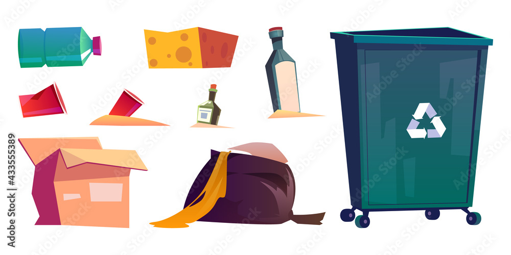 Vetor do Stock: Garbage, trash and litter bin isolated cartoon set. Old ...