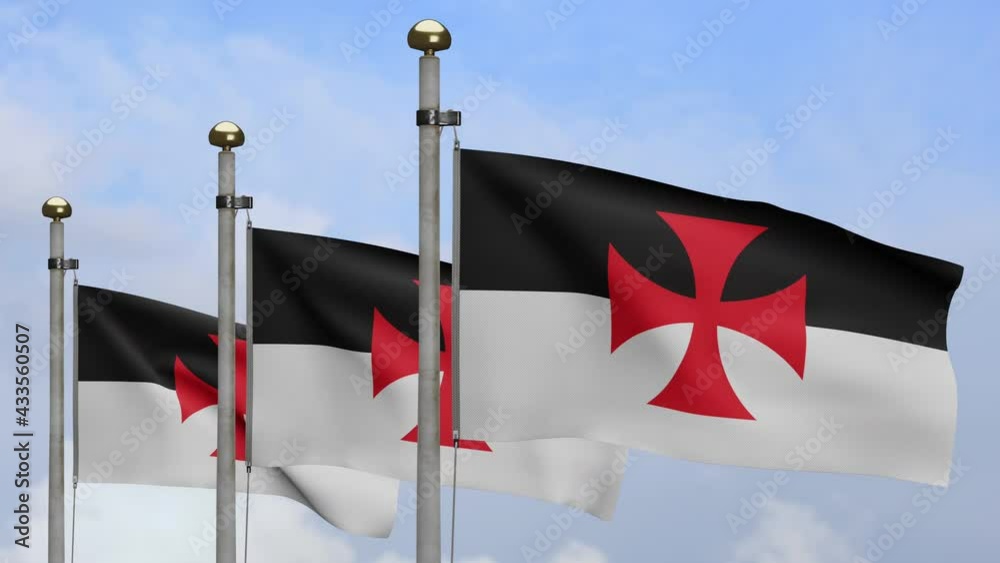 3D The knights templars flag waving on wind with blue sky. Poor fellow ...