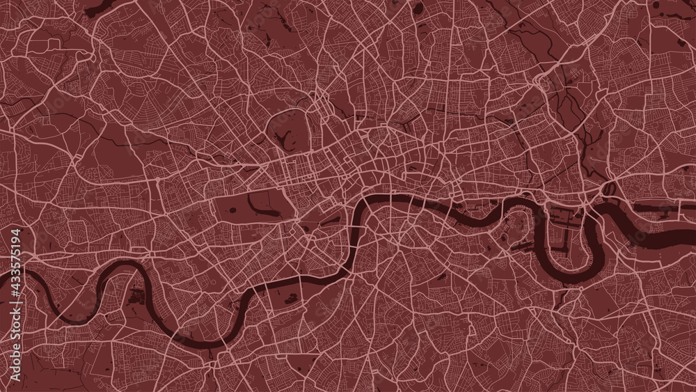 Red London city area vector background map, streets and water ...