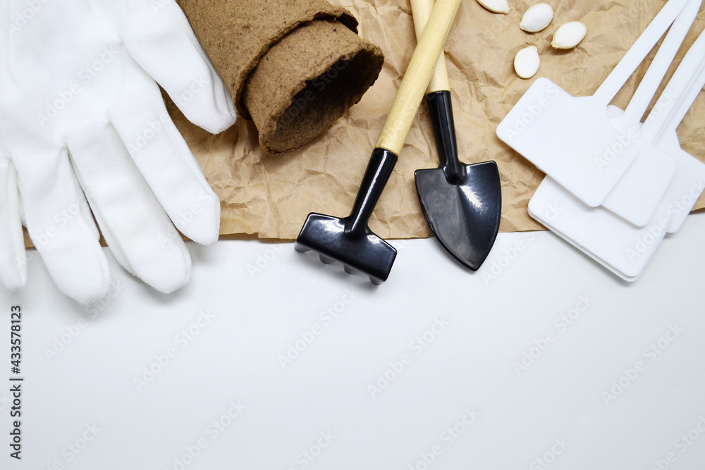 Garden tools:shovel, rake;white gloves, seeds, peat pots for seedlings ...