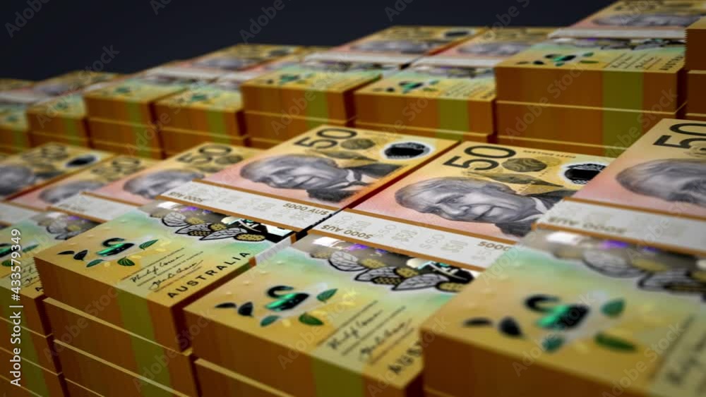 Australian Dollar banknote bundle growth up loop. AUD money stacks ...