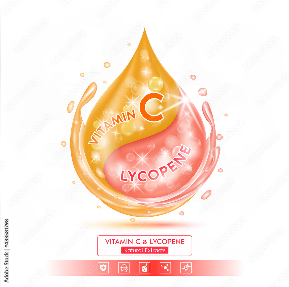 Drop red lycopene solution serum and orange vitamin C. On white ...