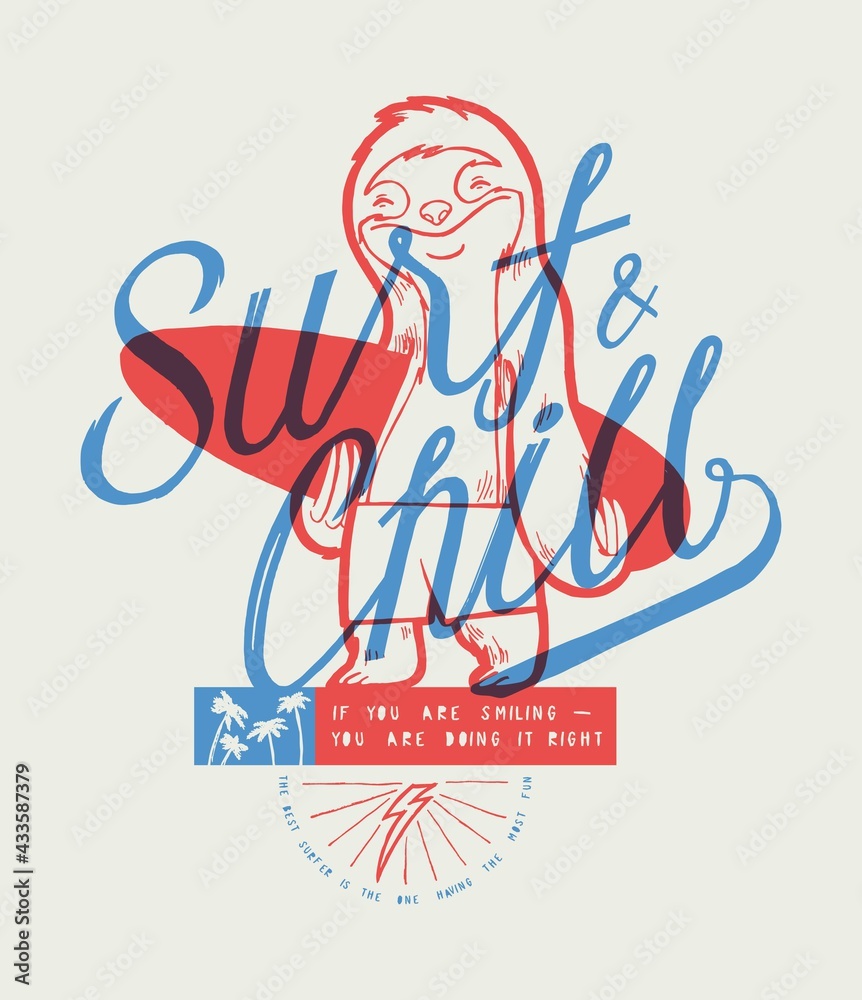 Surf and Chill sloth character smiling and holding surfboard. Cute ...