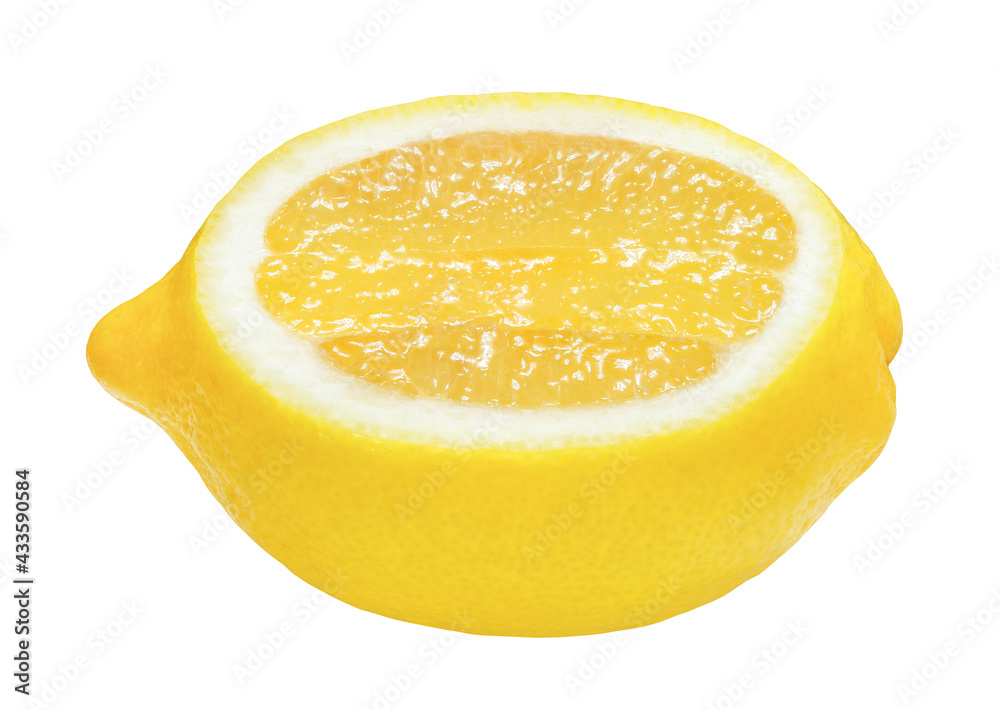 Lemon citrus fruit, sidewall cut along isolated on white background ...