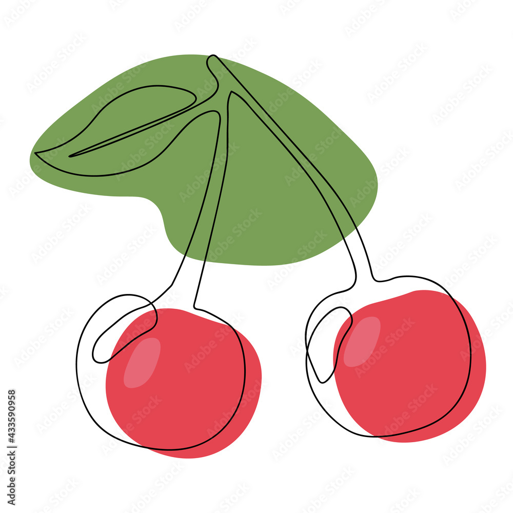 Continuous one line drawing cherry. Vector illustration. Black line art ...