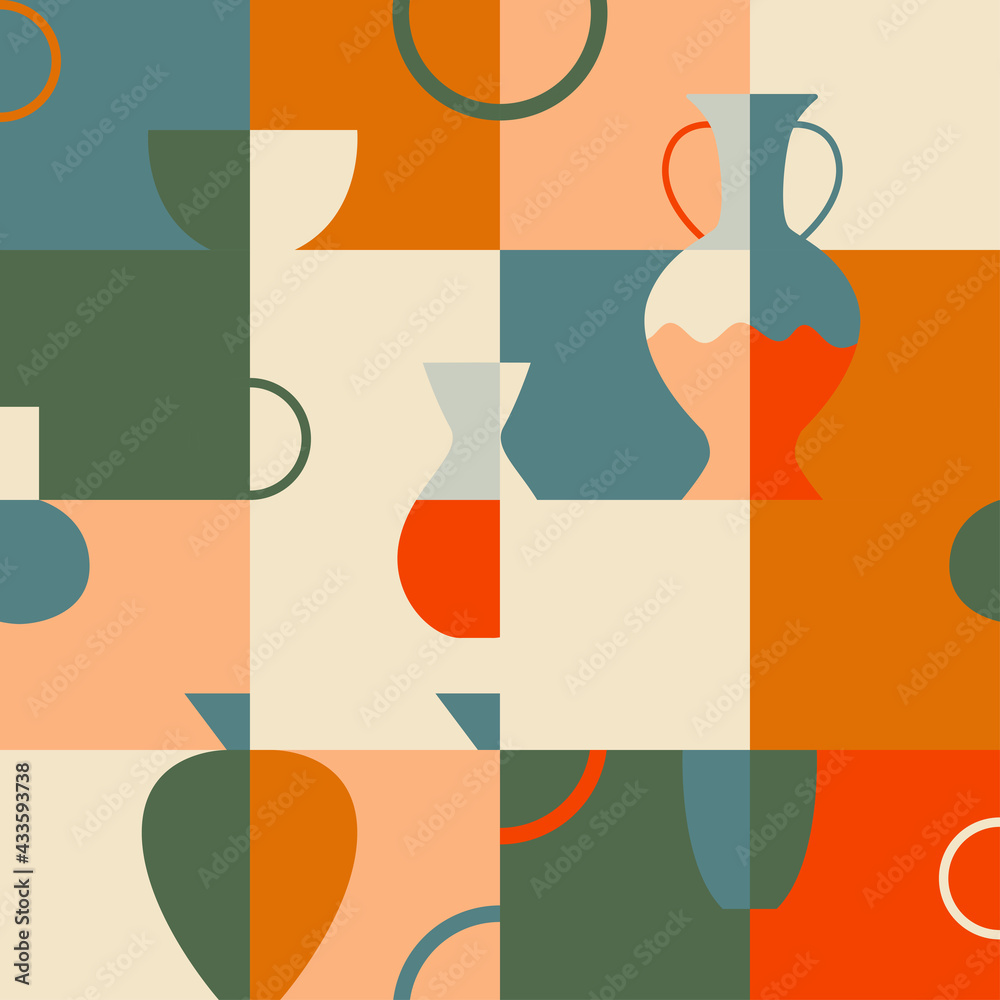 Seamless pattern with ceramic pottery. Geometric background in retro ...