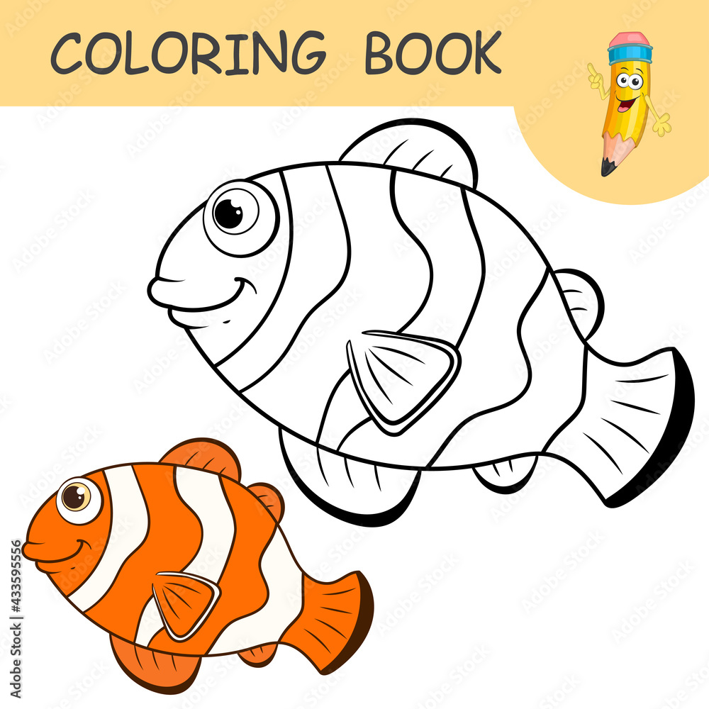Coloring book with character tropical clown fish. Colorless and color ...