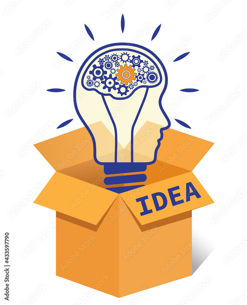 Idea concept design with head shaped lightbulb, brain with gears ...