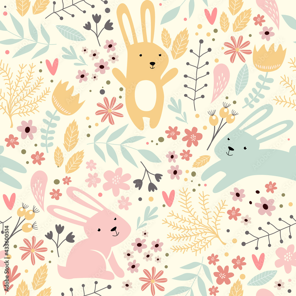 Seamless spring pattern with rabbits and plants. Easter pattern ...
