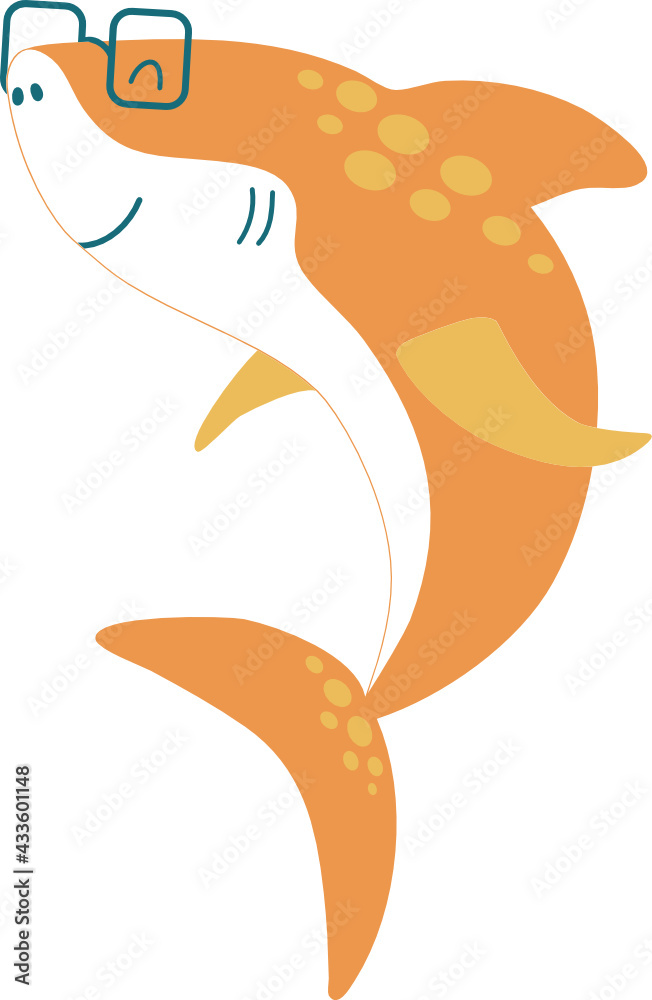 Vector illustration with cartoon smilling cute orange baby shark in ...
