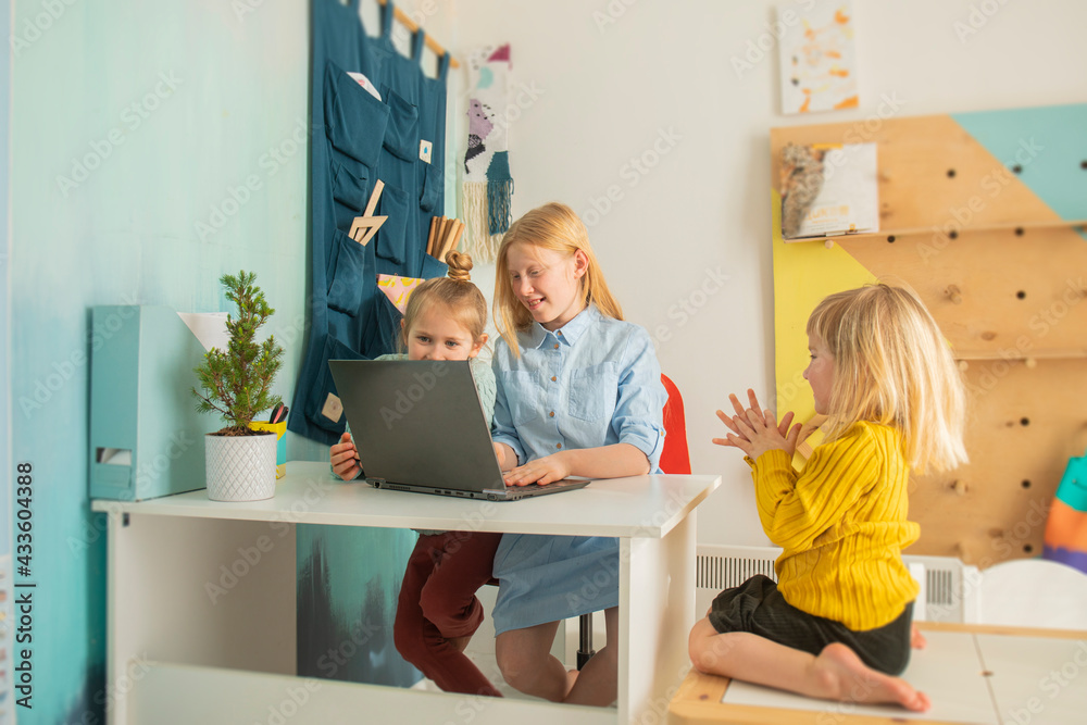 Little kids get education at home, distance learning for children, two ...