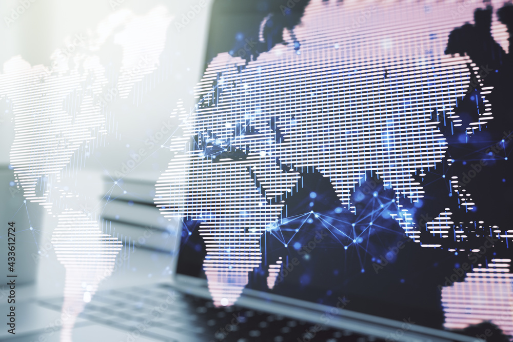 Multi exposure of abstract graphic world map on modern computer ...