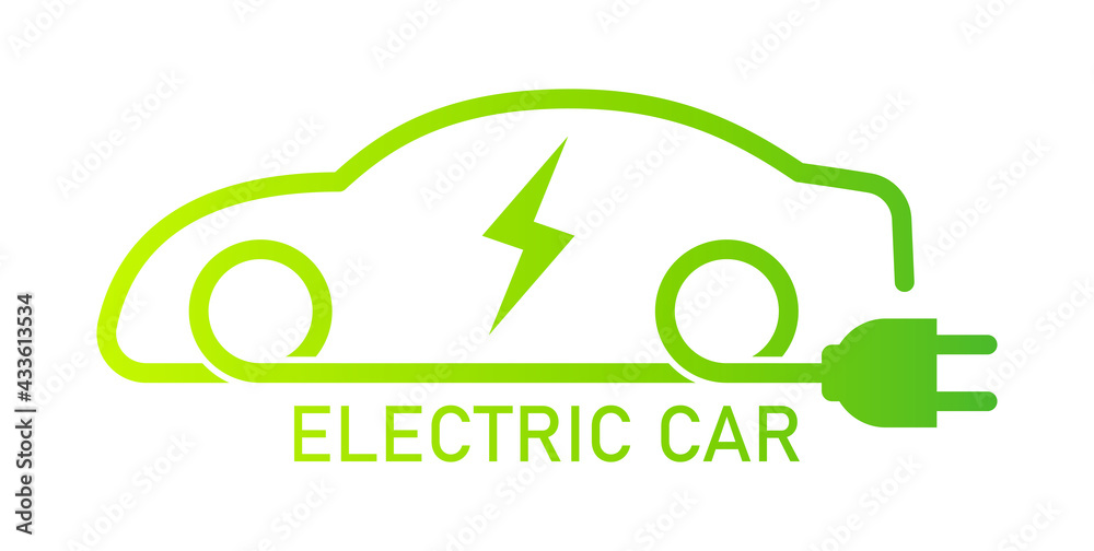 Electric car with plug green icon symbol, EV car hybrid vehicles ...