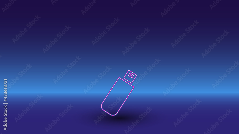 Neon flash drive symbol on a gradient blue background. The isolated ...