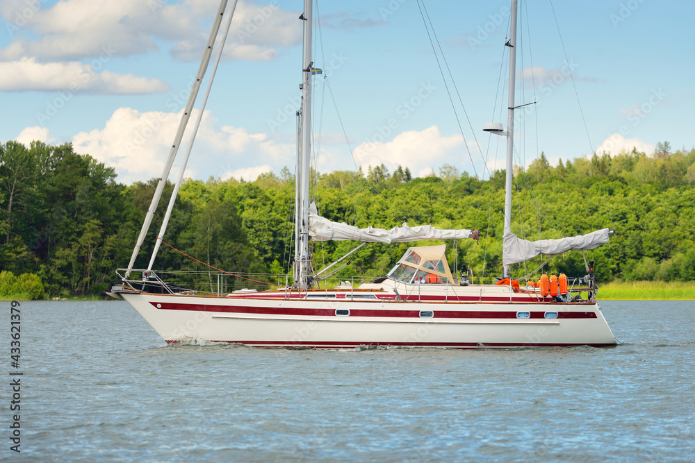 Yacht sailing in Mälaren lake, Sweden. Ketch rigged center cockpit ...