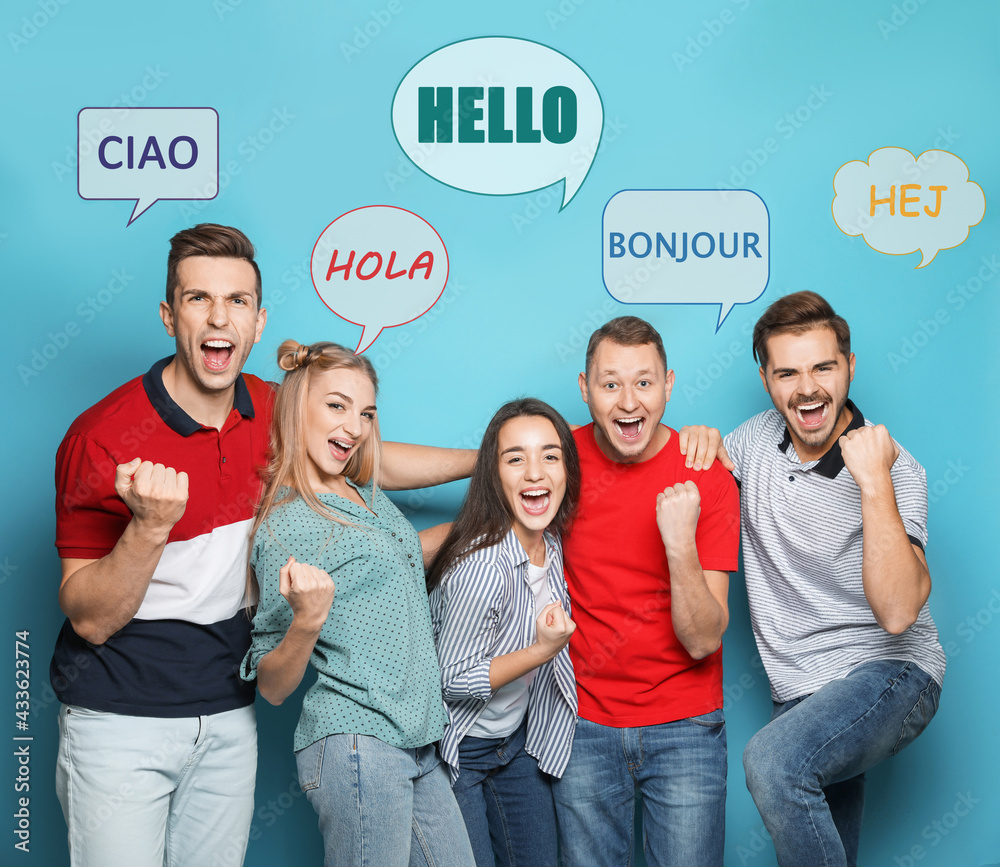 Happy people and illustration of speech bubbles with word Hello written ...