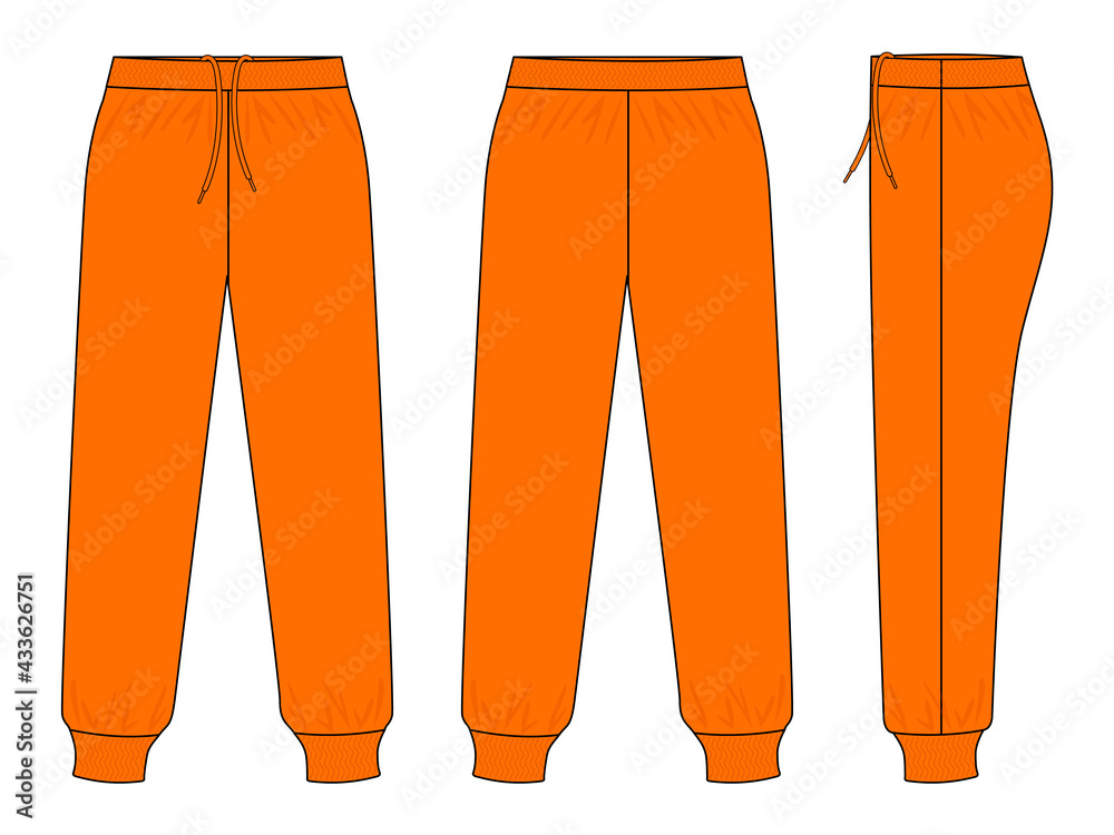 Orange Tracksuit Pants Template on White Background. Front, Back and ...