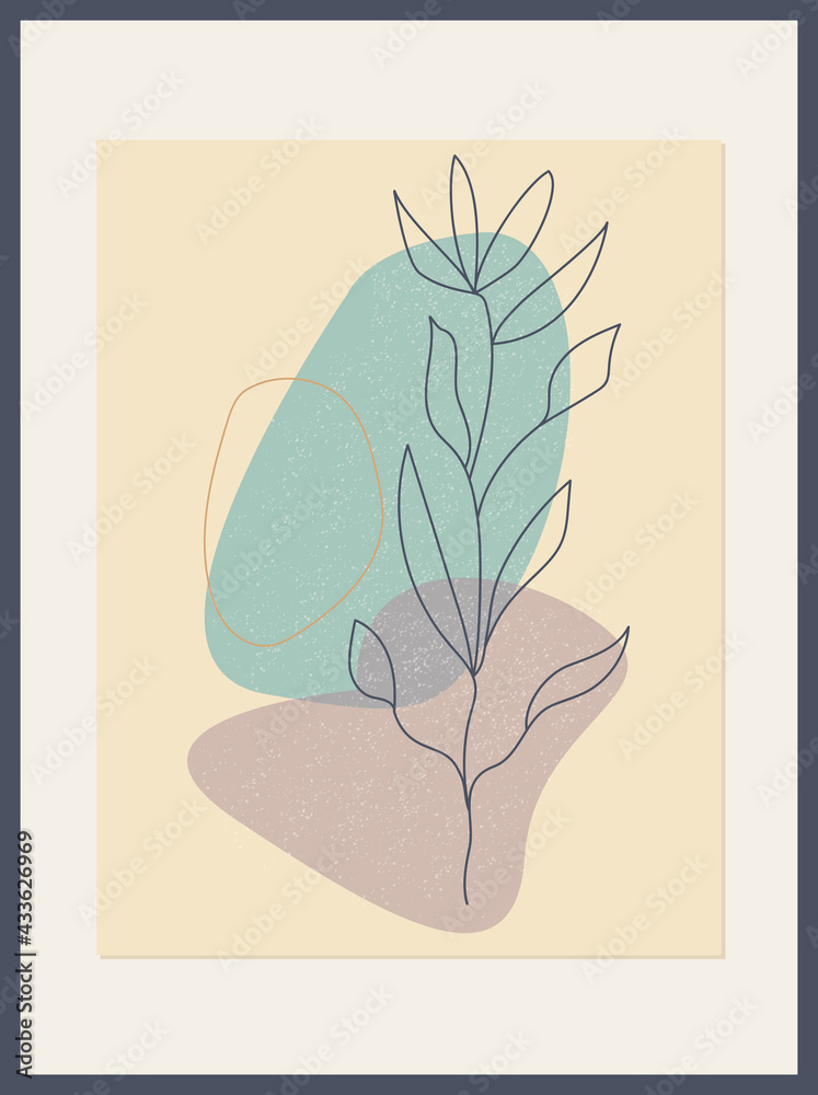 Poster with minimalist botanical leaf branch and abstract organic ...