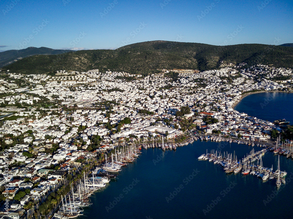 Amazing panoramic view from drone of Bodrum harbour and ancient Kalesi ...
