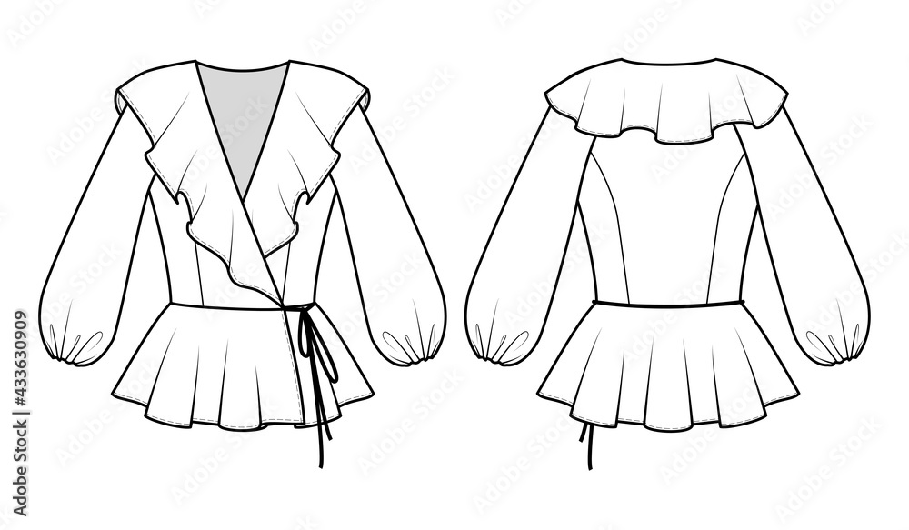 Fashion technical drawing of blouse with flounce. Fashion flat sketch ...