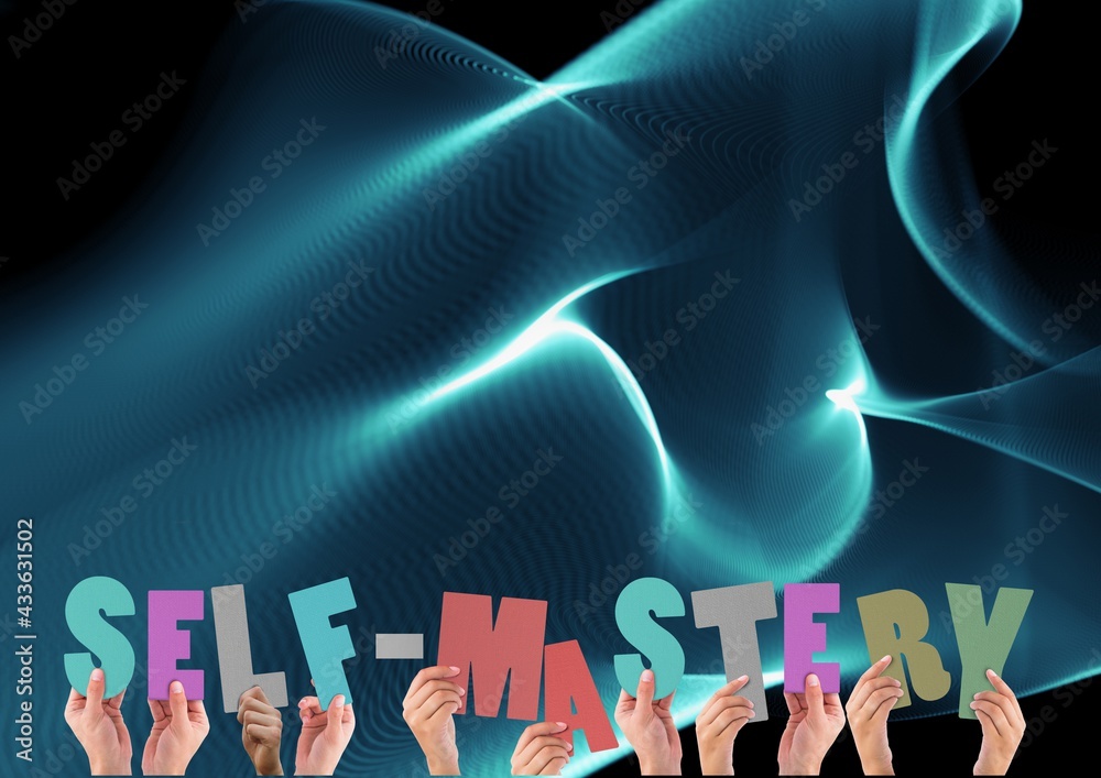 Composition of self mastery text in multi coloured letters held by ...