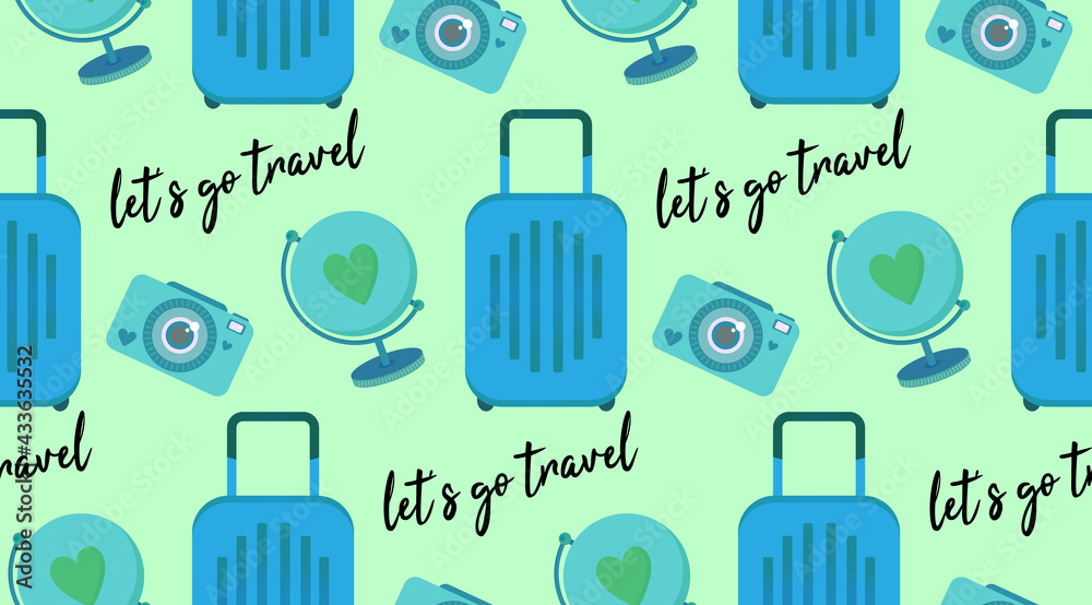 Vector seamless pattern with travel clip art set of objects - luggage ...