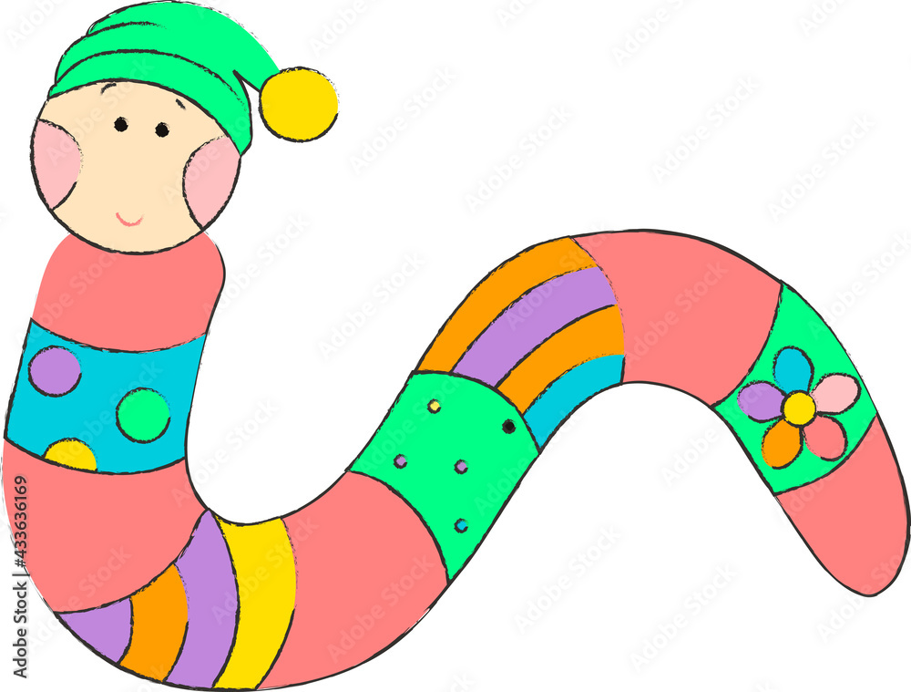 Picture of a cute drawn cartoon worm in color. Educational material for ...