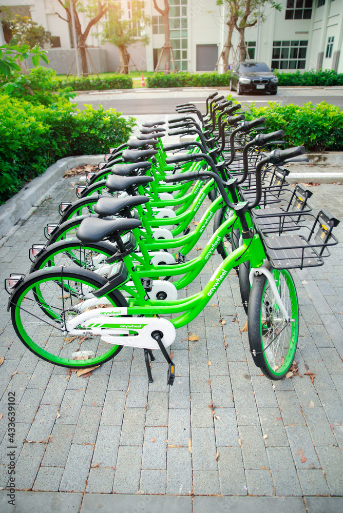 App bicycles for city bike-sharing, parking in a public area. concept ...