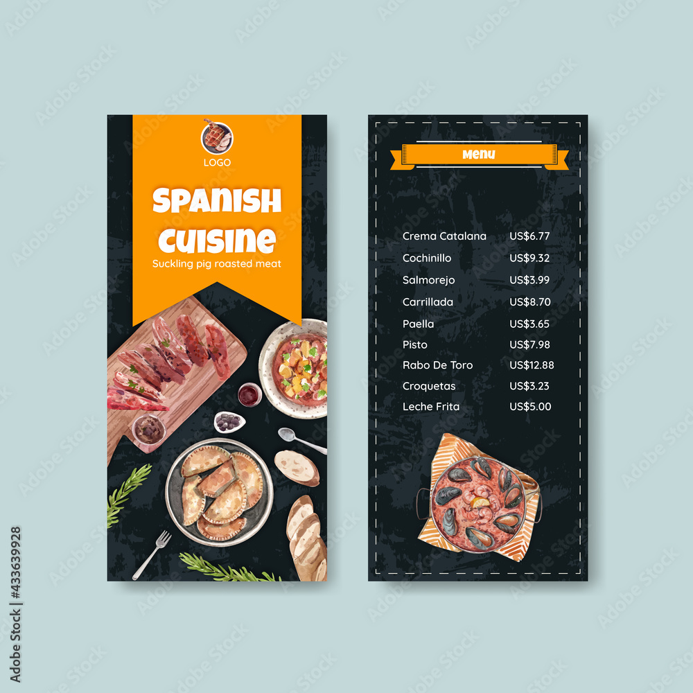 Menu template with Spain cuisine concept design for bisto and ...