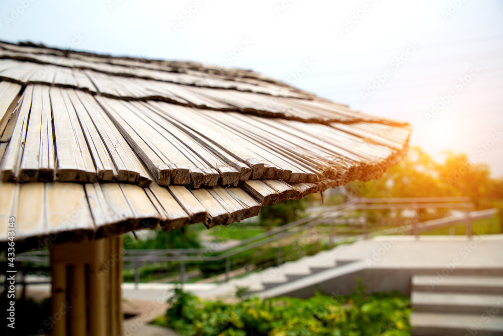 Top Roof of Bamboo house, whole the roof are made of bamboo. Stilt ...