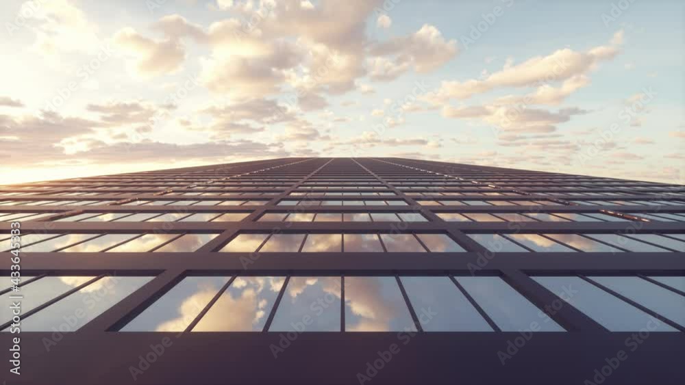 Skyscraper building against the blue sky. Skyscraper facade moving ...