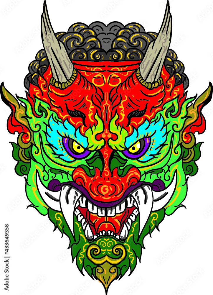 Thai Demon mask with water splash and peony flower tattoo.Traditional ...