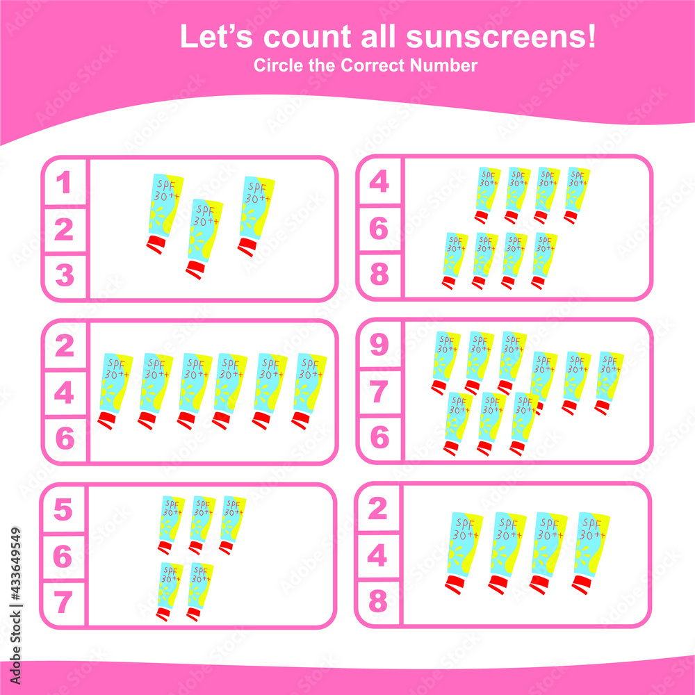 Counting sunscreens game for Preschool Children. This worksheet is ...