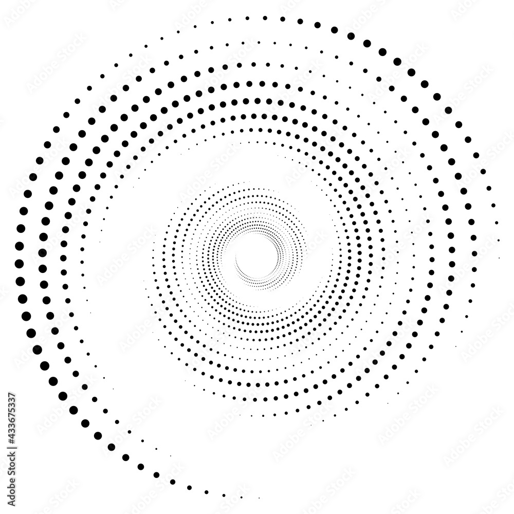 Dotted, dots, speckles abstract concentric circle. Spiral, swirl, twirl ...