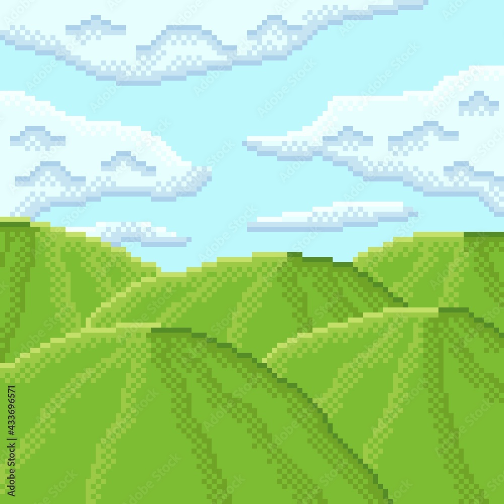 Landscape pixel art. Location with mountains, grass, and clouds. Vector ...