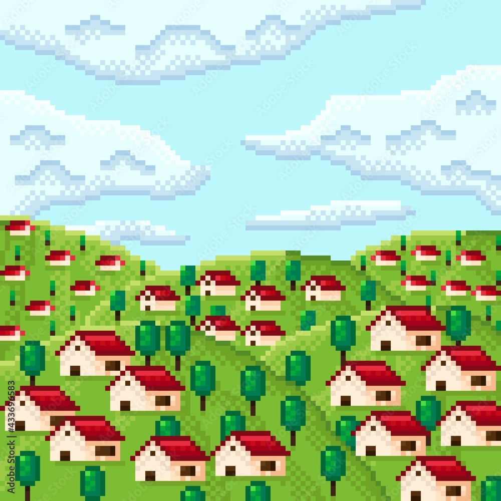 Landscape pixel art. Location with mountains, grass, and clouds. Vector ...