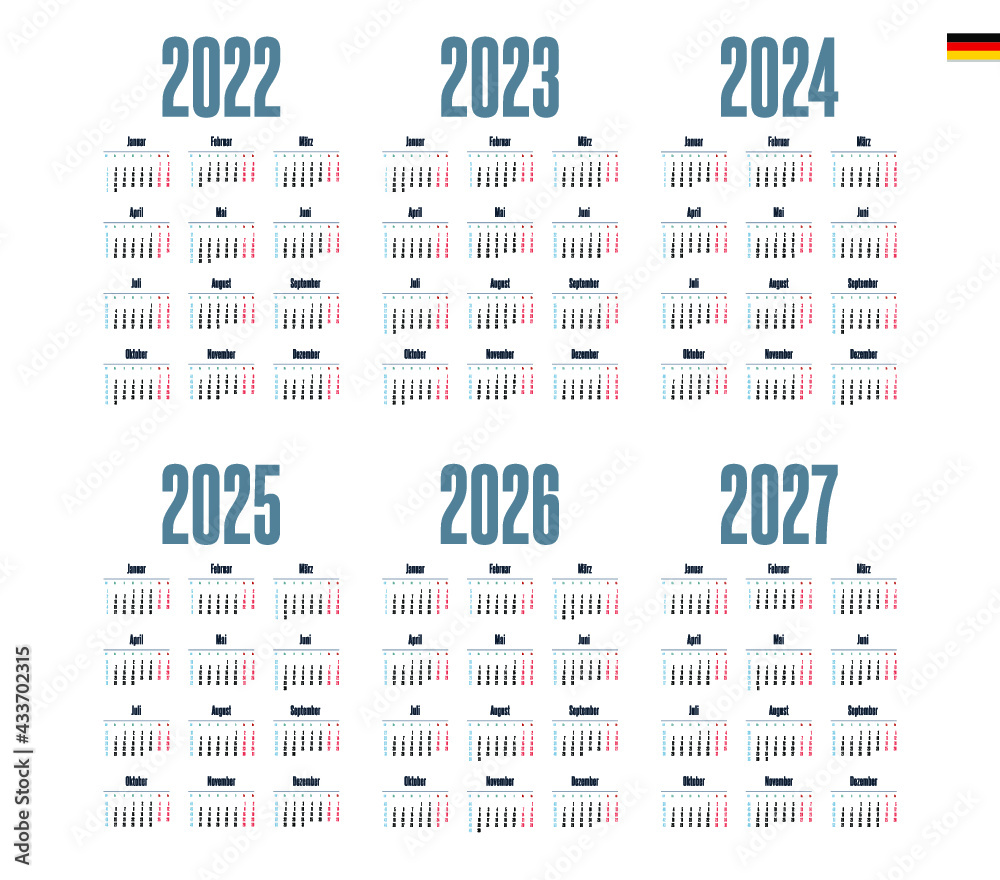 German Calendar for 2022, 2023, 2024, 2025, 2026, 2027. Week starts on ...