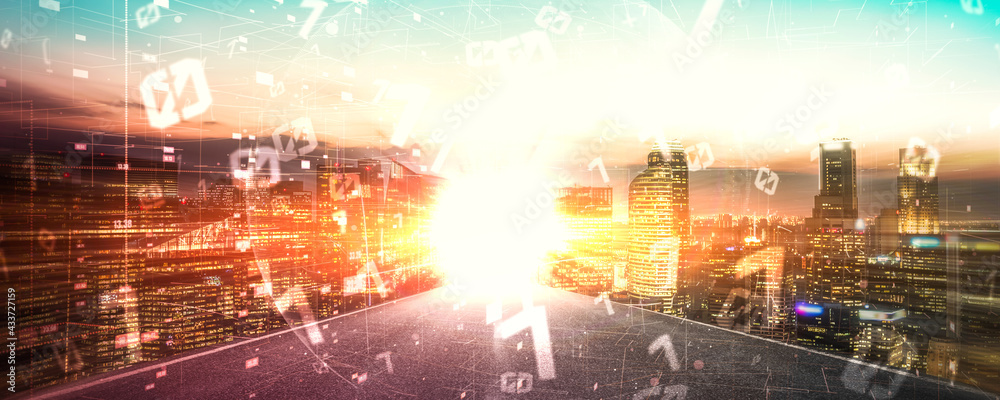 Digital data flow on road with motion blur to create vision of fast ...