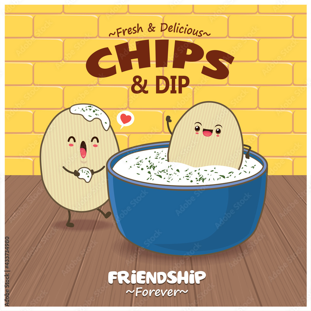 Vintage food poster design with vector chips and dip characters. Stock ...