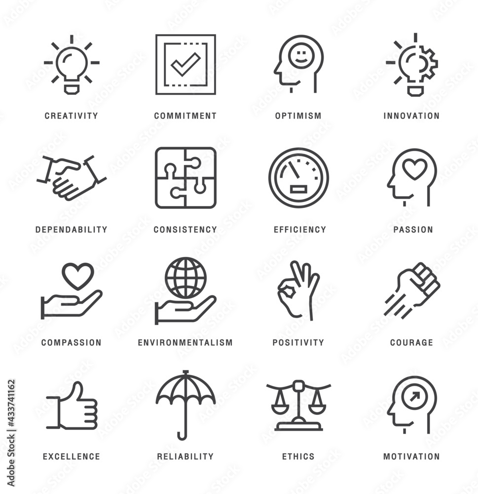 Vecteur Stock Core values line icons set. Ethics linear style symbols ...