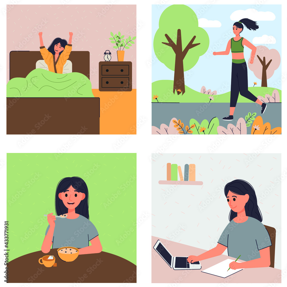 The daily routine of a young girl keeping a healthy lifestyle. Girl's ...