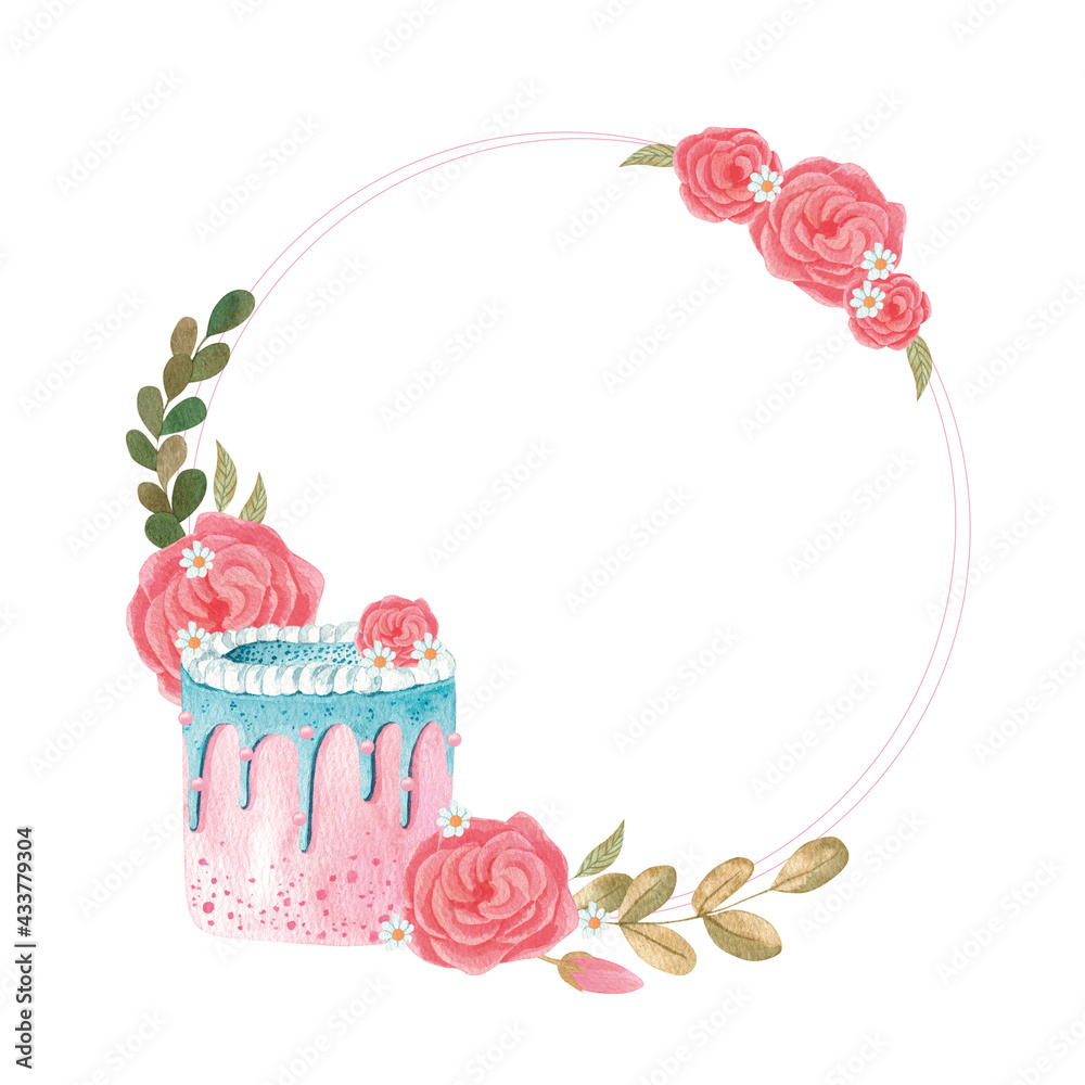 Boho cake wreath logo, Watercolor birthday cake set, Dessert clipart ...