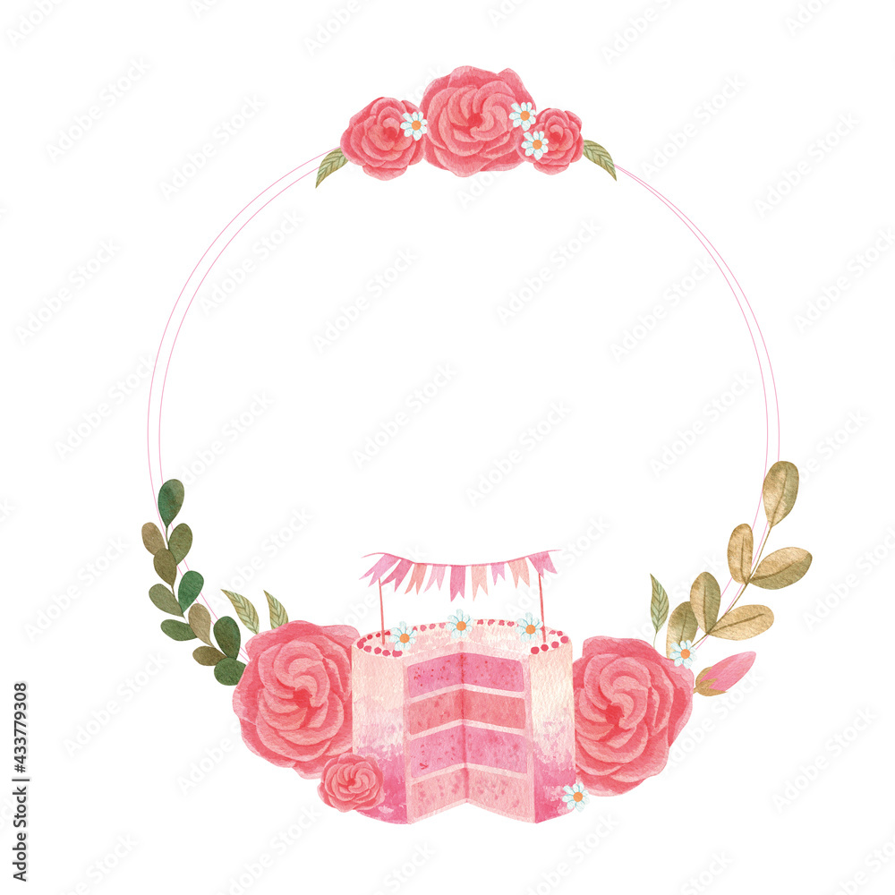 Boho cake wreath logo, Watercolor birthday cake set, Dessert clipart ...