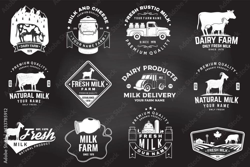 Dairy farm. Only fresh milk badge, logo on the chalkboard. Vector ...